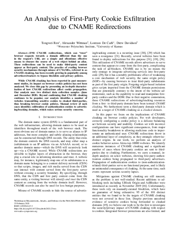 (PDF) An Analysis of First-Party Cookie Exfiltration due to CNAME Redirections