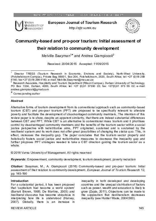 (PDF) Community-based and pro-poor tourism: Initial assessment of their ...