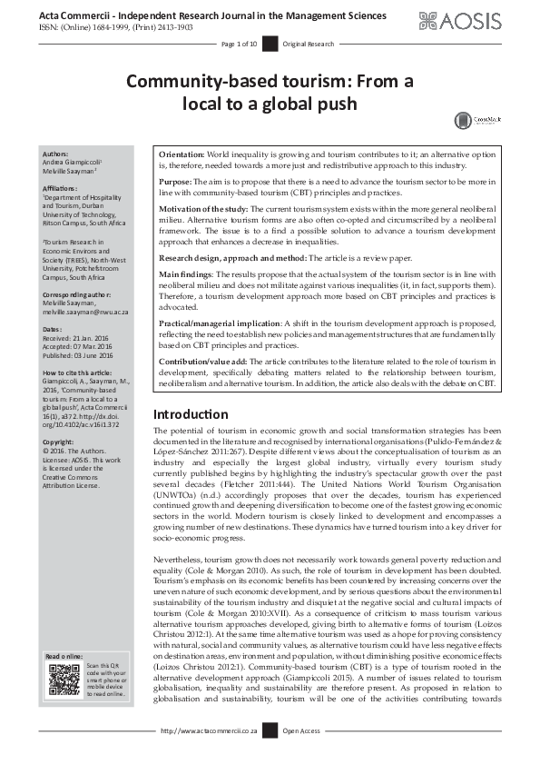 (PDF) Community-based tourism: From a local to a global push