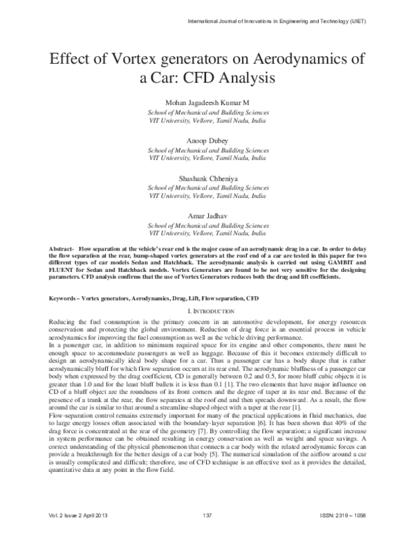 (PDF) Effect of Vortex generators on Aerodynamics of a Car : CFD Analysis