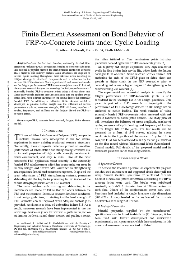 (PDF) Finite Element Assessment On Bond Behavior Of Frp-To-Concrete Joints Under Cyclic Loading