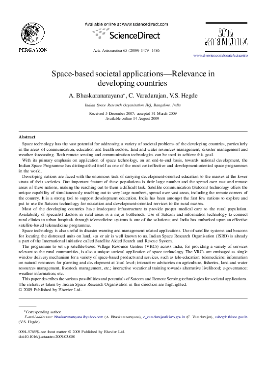 (PDF) Space-based societal applications—Relevance in developing countries