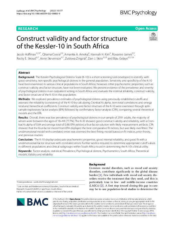 (PDF) Construct validity and factor structure of the Kessler-10 in South Africa