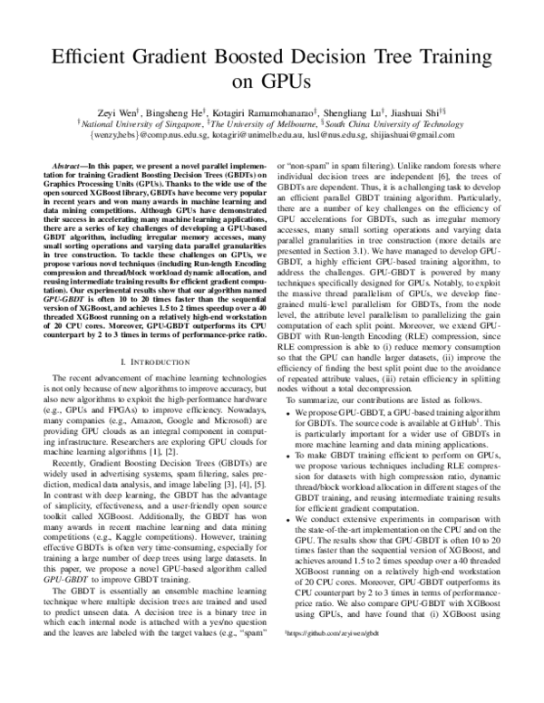 Pdf Efficient Gradient Boosted Decision Tree Training On Gpus Ramamohanarao Kotagiri