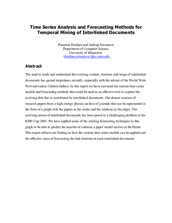 (PDF) Time Series Analysis and Forecasting Methods for Temporal Mining of Interlinked Documents