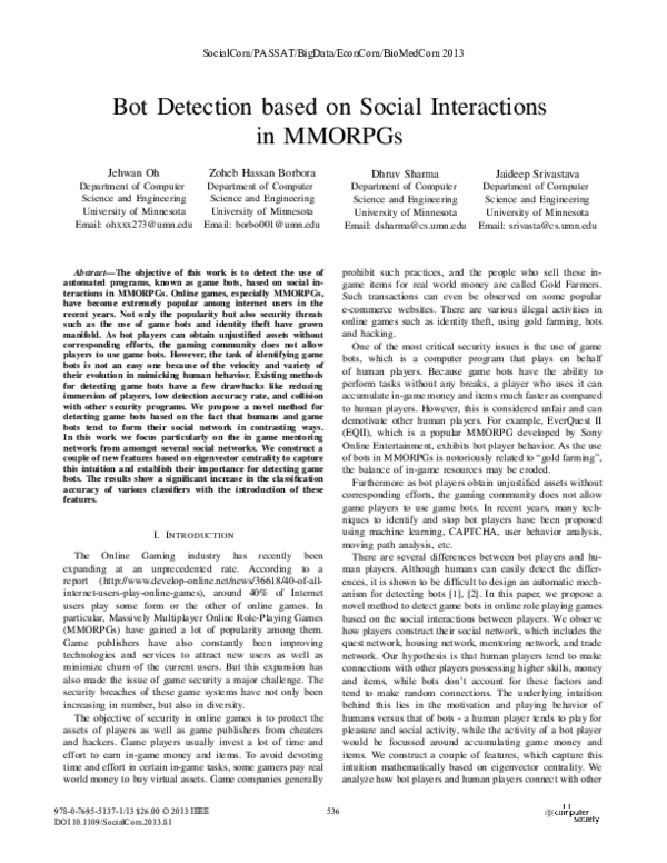 Pdf Bot Detection Based On Social Interactions In Mmorpgs