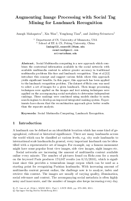(PDF) Augmenting Image Processing with Social Tag Mining for Landmark Recognition | Jaideep ...