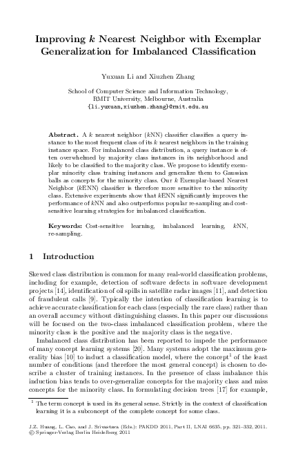 (PDF) Improving k Nearest Neighbor with Exemplar Generalization for Imbalanced Classification