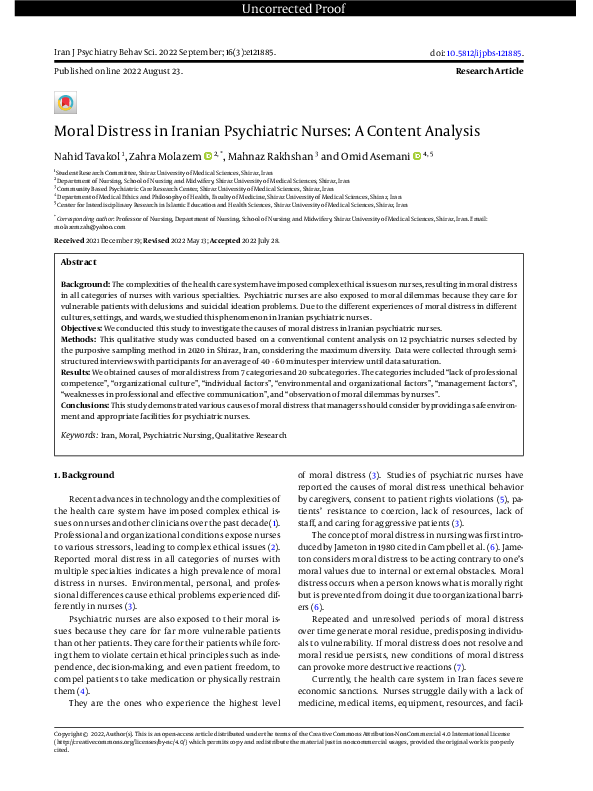 (PDF) Moral Distress in Iranian Psychiatric Nurses: A Content Analysis
