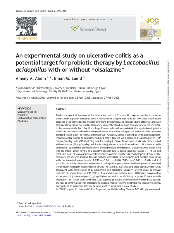 (PDF) An experimental study on ulcerative colitis as a potential target for probiotic therapy by ...