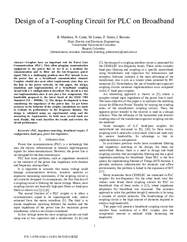 (PDF) Design of a T-coupling circuit for PLC on broadband