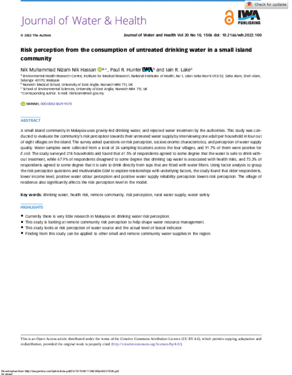 (PDF) Risk perception from the consumption of untreated drinking water ...