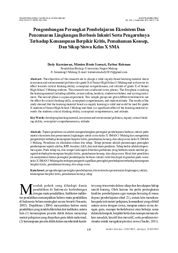 (PDF) Pengembangan Perangkat Pembelajaran Ekosistem Dan Pencemaran Lingkungan Berbasis Inkuiri ...