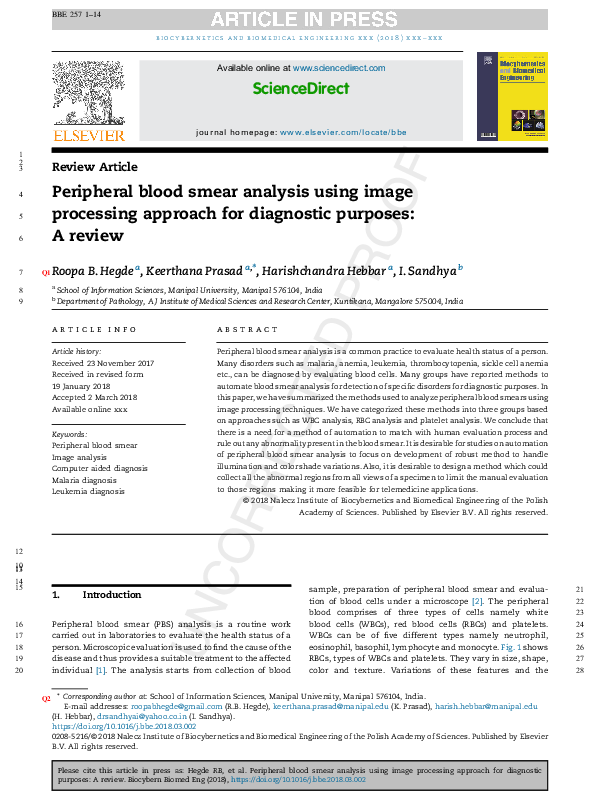 (PDF) Peripheral blood smear analysis using image processing approach for diagnostic purposes: A ...