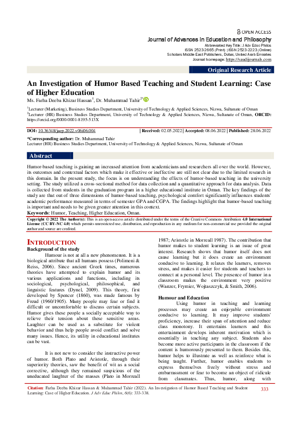 (PDF) An Investigation of Humor Based Teaching and Student Learning: Case of Higher Education