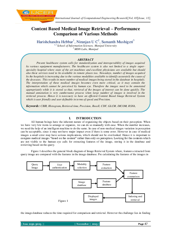 (PDF) Content Based Medical Image Retrieval – Performance Comparison of Various Methods