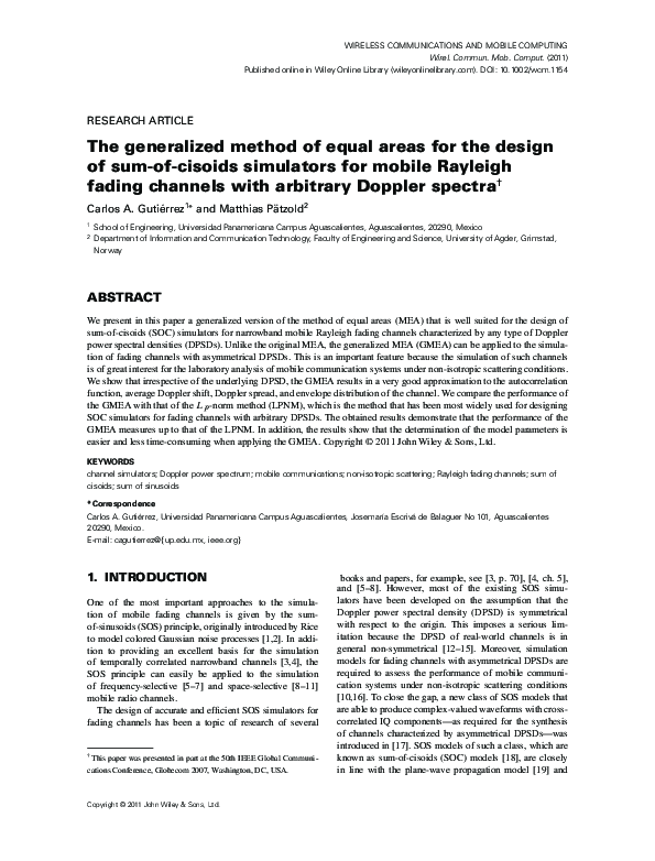 (PDF) The generalized method of equal areas for the design of sum-of-cisoids simulators for ...