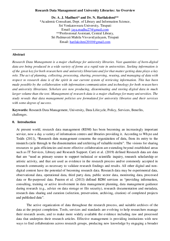 (PDF) Research Data Management and University Libraries: An Overview