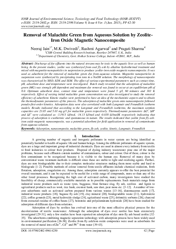(PDF) Adsorption removal of malachite green dye from aqueous solution