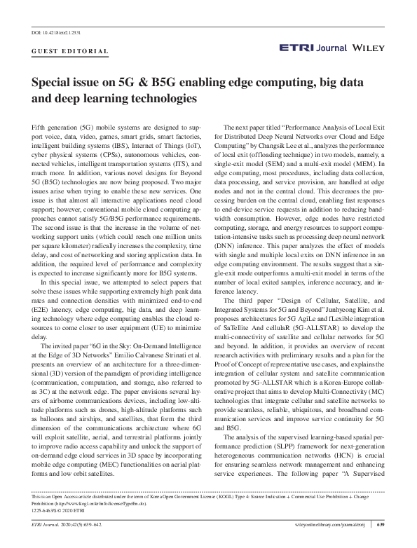 (PDF) Special issue on 5G B5G enabling edge computing, big data and deep learning technologies