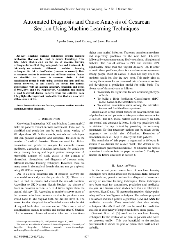 (PDF) Automated Diagnosis and Cause Analysis of Cesarean Section Using Machine Learning Techniques