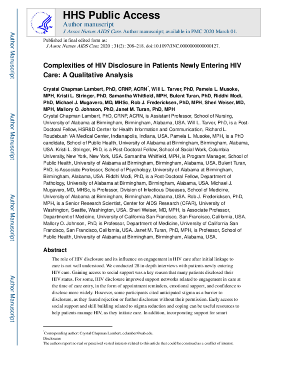 (PDF) Complexities of HIV Disclosure in Patients Newly Entering HIV ...
