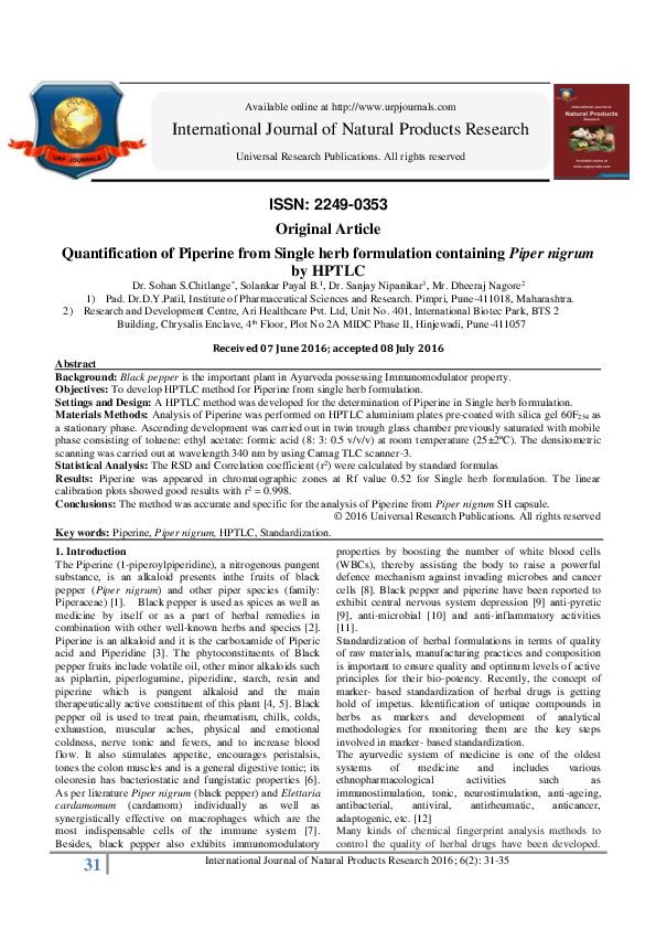 (PDF) Quantification of Piperine from Single herb formulation containing Piper nigrum by HPTLC