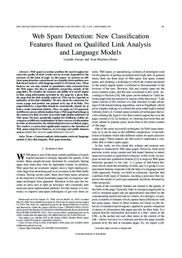 Pdf Web Spam Detection New Classification Features Based On Qualified Link Analysis And
