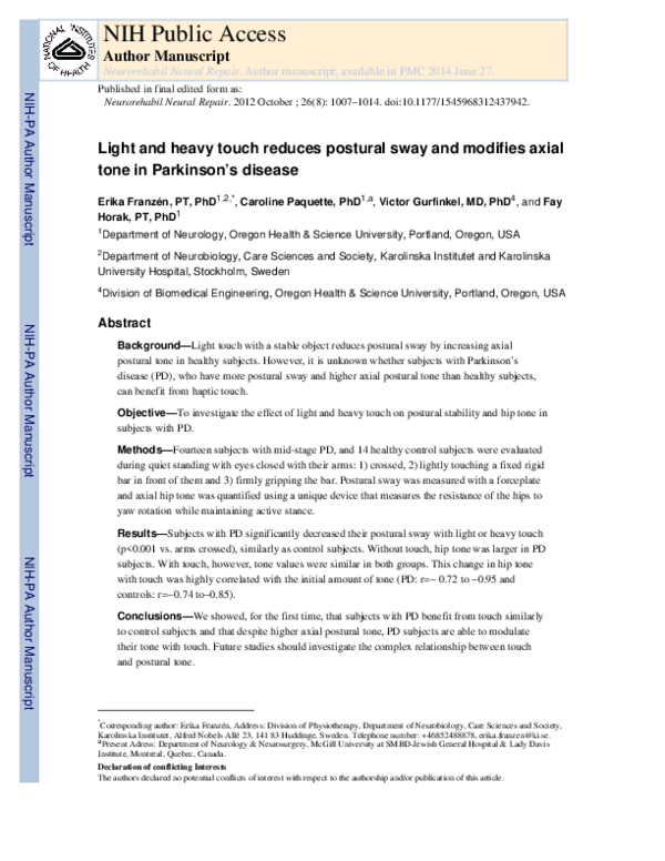 (PDF) Light and Heavy Touch Reduces Postural Sway and Modifies Axial ...