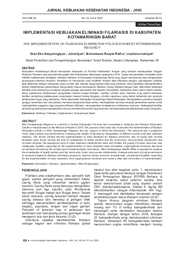 (PDF) Implementasi Kebijakan Eliminasi Filariasis di Kabupaten Kotawaringin Barat | Dian Eka ...