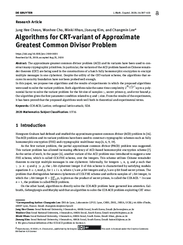 Pdf Algorithms For Crt Variant Of Approximate Greatest Common Divisor
