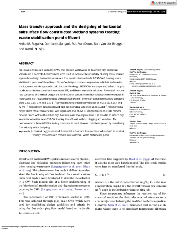 (PDF) Mass transfer approach and the designing of horizontal subsurface flow constructed wetland ...