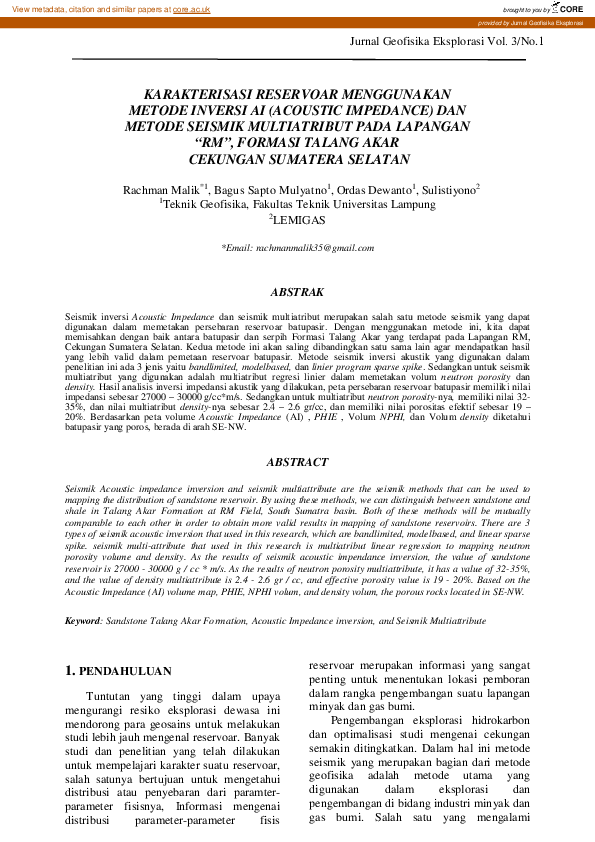 (PDF) Karakterisasi Reservoar Menggunakan Metode Inversi Ai (Acoustic ...