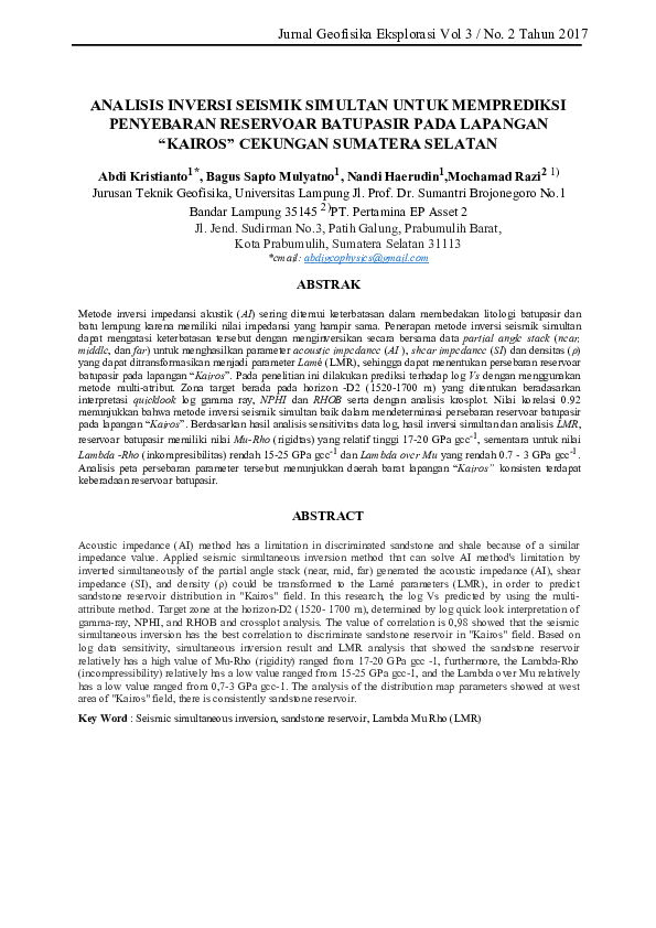 (PDF) Analisis Inversi Seismik Simultan Untuk Memprediksi Penyebaran ...