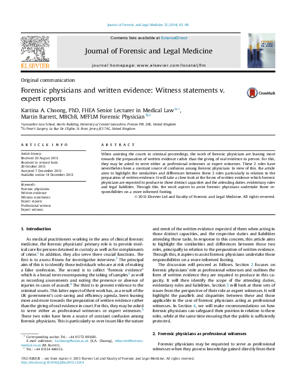 (PDF) Forensic physicians and written evidence: Witness statements v ...