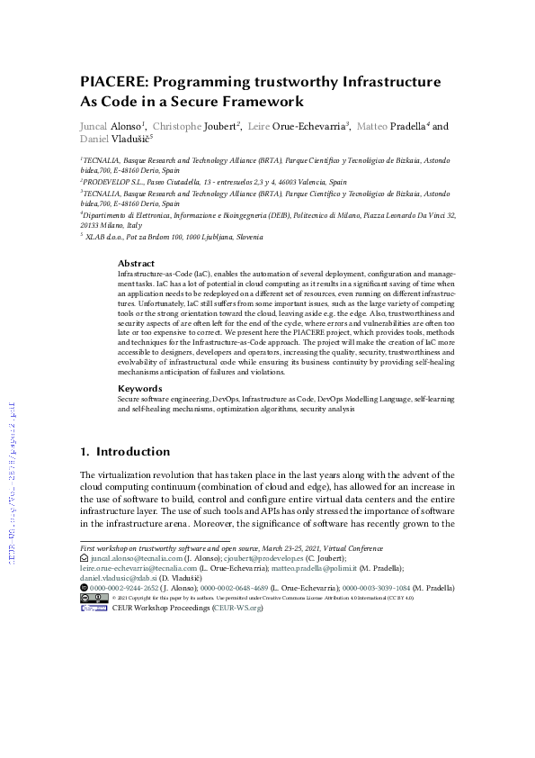 (PDF) PIACERE: Programming trustworthy Infrastructure As Code in a Secure Framework