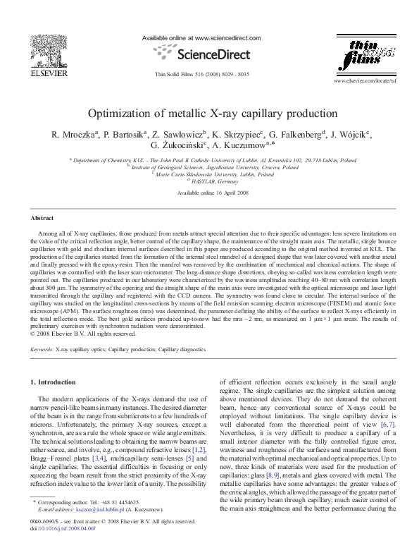 (PDF) Optimization of metallic X-ray capillary production