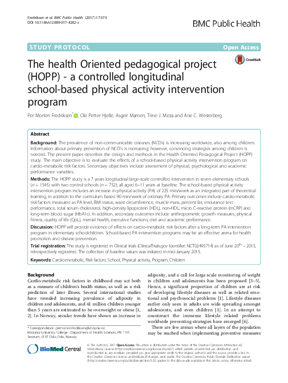 (PDF) The health Oriented pedagogical project (HOPP) - a controlled longitudinal school-based ...