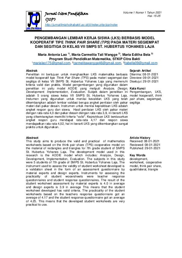 (PDF) Pengembangan Lembar Kerja Siswa (LKS) Berbasis Model Kooperatif Tipe Think Pair Share (TPS ...