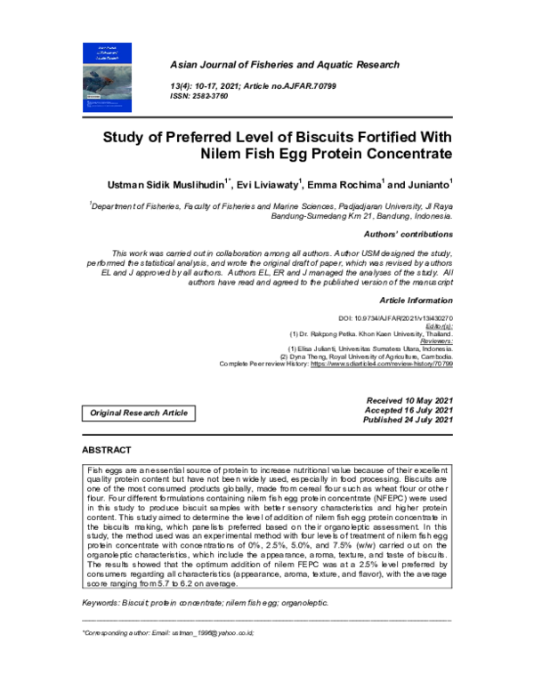 (PDF) Study of Preferred Level of Biscuits Fortified With Nilem Fish ...