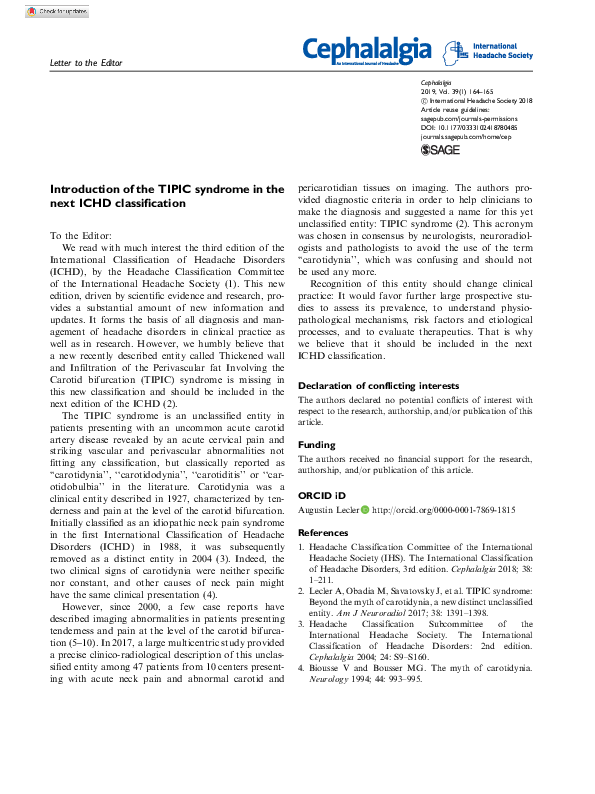 (PDF) Introduction of the TIPIC syndrome in the next ICHD ...