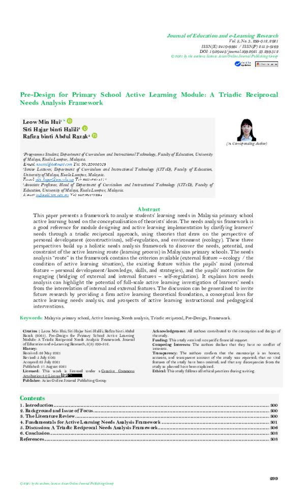 (PDF) Pre-Design for Primary School Active Learning Module: A Triadic Reciprocal Needs Analysis ...