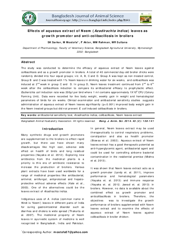(PDF) Effects of aqueous extract of Neem (Azadirachta indica) leaves as ...