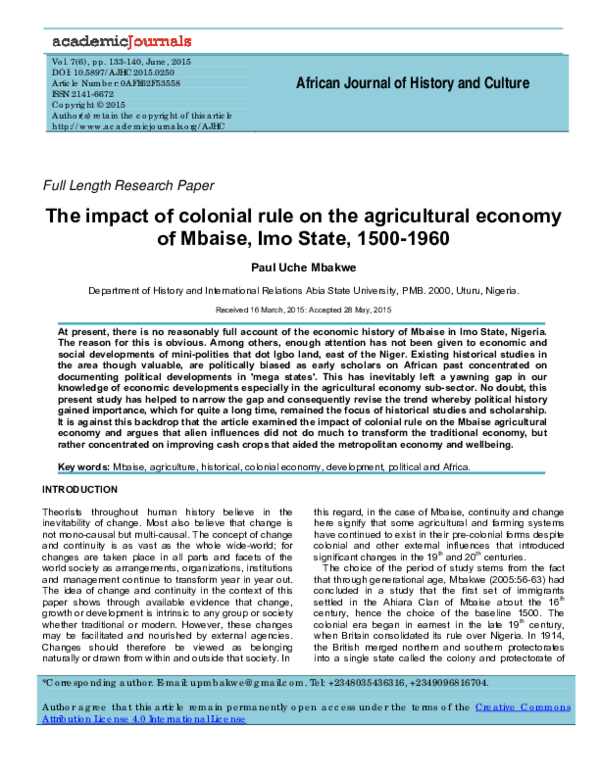 (PDF) The impact of colonial rule on the agricultural economy of Mbaise ...