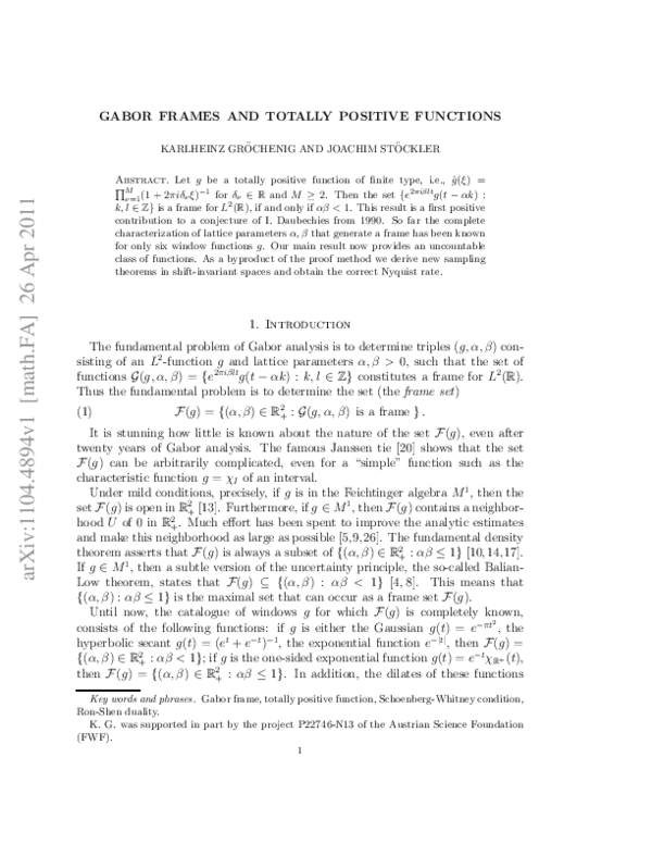 (PDF) Gabor frames of totally positive functions | Joachim Stöckler - Academia.edu