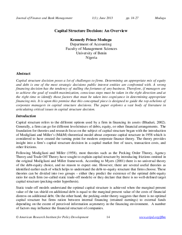 (PDF) Capital Structure Decision: An Overview