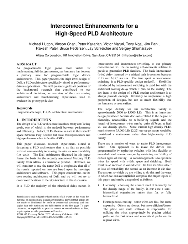 (PDF) Interconnect enhancements for a high-speed PLD architecture