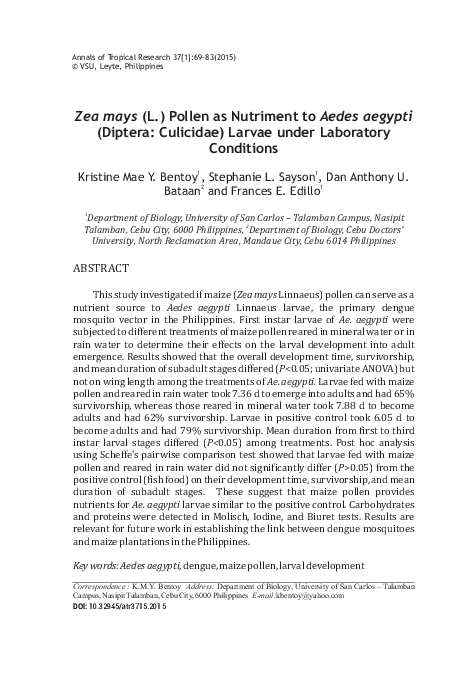 (PDF) Zea mays Aedes aegypti ( L . ) Pollen as Nutriment to ( Diptera : Culicidae ) Larvae under ...