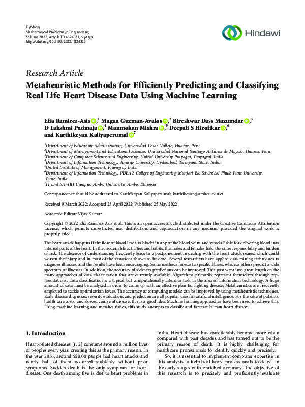 Pdf Metaheuristic Methods For Efficiently Predicting And Classifying Real Life Heart Disease