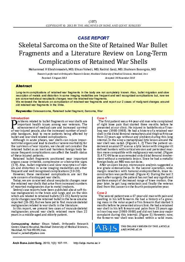 (PDF) Skeletal sarcoma on the site of retained war bullet fragments and ...